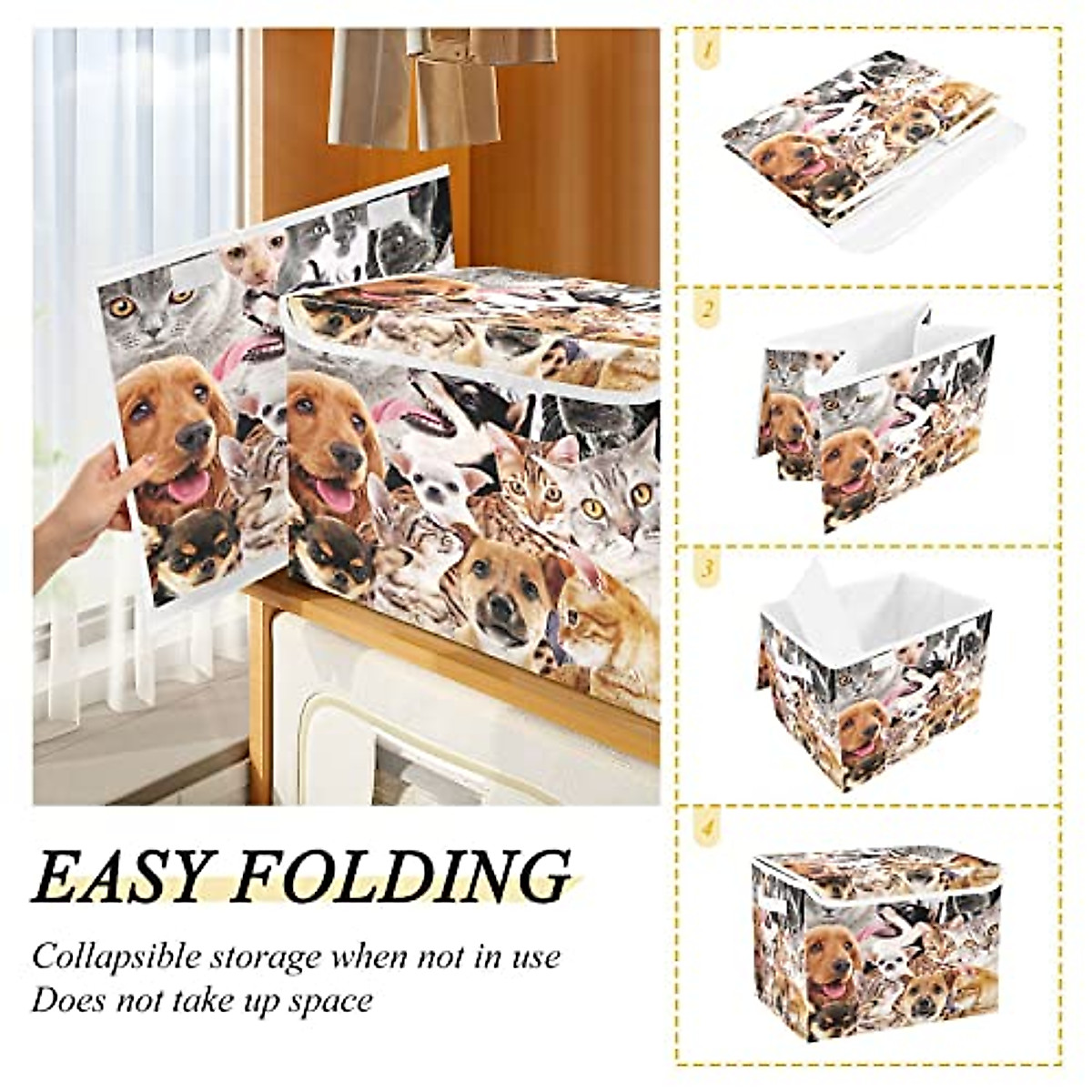 Kigai 3d Print Dogs & Cats Storage Baskets for Shelves Foldable Closet Basket Storage Bins with Lid for Clothes Home Office Toys Organizers