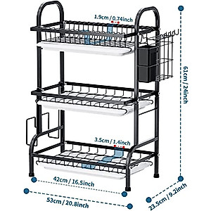 DUANFEE Dish Drying Rack for Kitchen Counter, 3 Tier Dish Rack with Drainboard, Large Dishes Racks Rustproof Dish Dryer Rack, Black