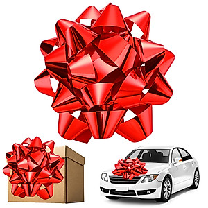 FineCheer 16 inch Big Car Bow Giant Christmas Bow Large Gift Bow Pre-Assembled Giant Red Wrapping Bow Huge Car Bow Christmas Metallic Decorative Bow for Present Tree Houses Bike Holiday Decoration