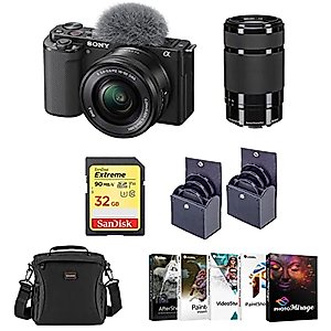 Sony ZV-E10 Mirrorless Camera with 16-50mm & 55-210mm f/4.5-6.3 OSS E-Mount Lens, Black Bundle with PC Photo & Video Editing Suite, 32GB SD Memory Card, Bag and Accessories Kit