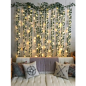 DearHouse 85Ft 12 Strands Artificial Ivy Garland Vine Hanging Garland Fake Leaf Plants with 90 LED String Light, Hanging for Home Kitchen Garden Office Wedding Wall Decor, Light Green