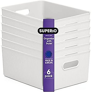 Superio Ribbed Collection - Decorative Plastic Open Home Storage Bins Organizer Baskets, Large White (6 Pack) Container Boxes for Organizing Closet Shelves Drawer Shelf 15 Liter/16 Quart