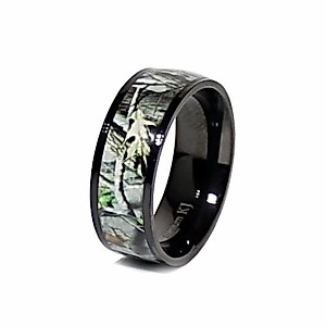 Women`s Black Titanium Camo and Stainless Steel Princess Engagement Wedding Rings Set (Size Women 7)