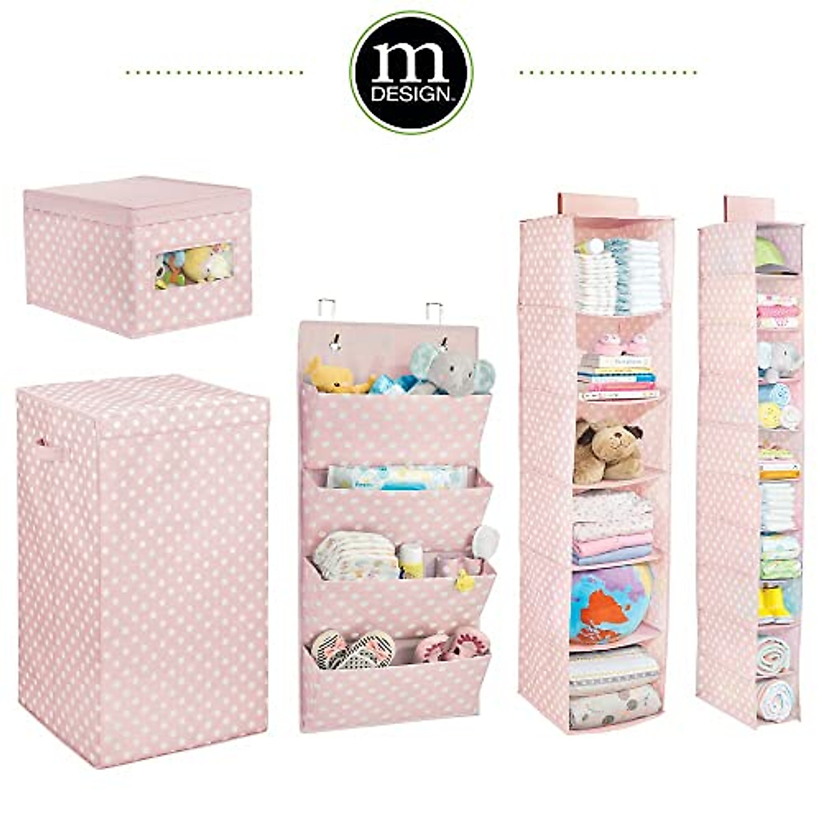 mDesign Large Soft Stackable Fabric Baby Nursery Storage Organizer Holder Bin Box with Front Window and Lid for Child/Kids Bedroom, Playroom, Classroom - Light Pink/White Polka Dot