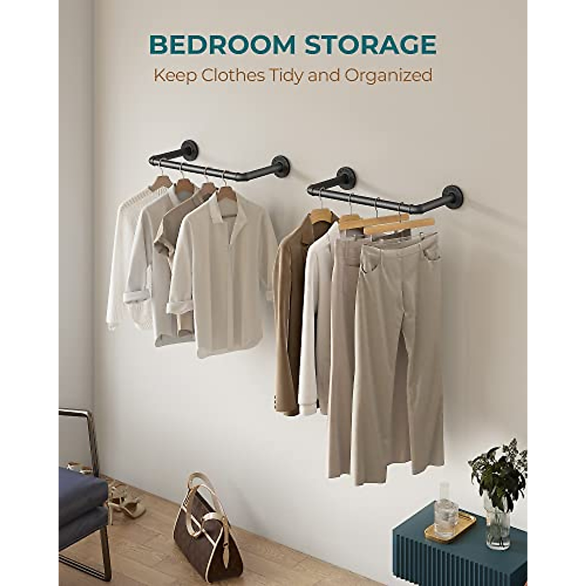 OROPY Industrial Pipe Clothes Rack 21.6” Set of 2, Heavy Duty Wall Mounted Black Iron Garment Bar, Multi-Purpose Clothing Hanging Rod for Laundry Room and Closet Storage