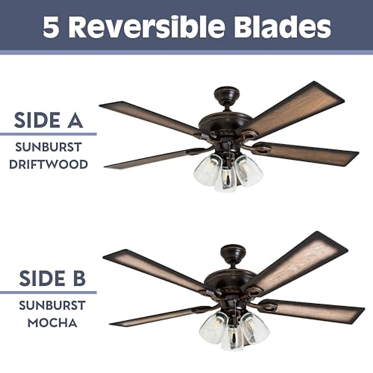 Prominence Home Glenmont, 52 Inch Farmhouse LED Ceiling Fan with Light, Pull Chain, Three Mounting Options, Dual Finish Blades, Reversible Motor - 40278-01 (Oil-Rubbed Bronze)