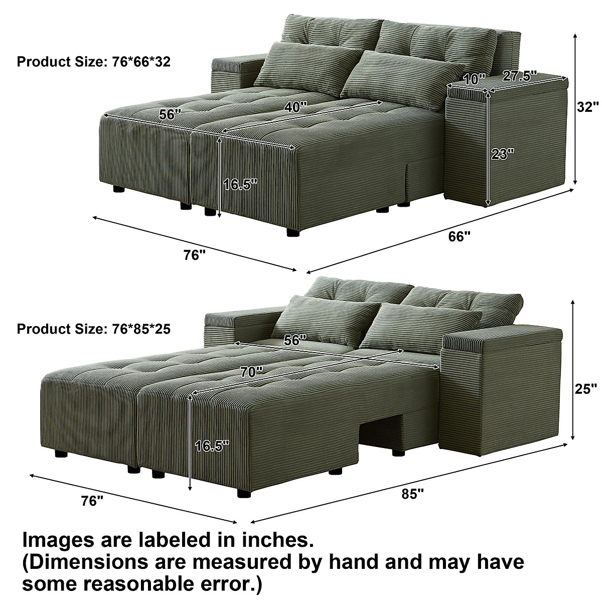 BUIORD 93.5" Convertible Oversize Corduroy 3 in 1 Sleeper & Sectional Sofa,L-Shaped Sofa with 4 Storage Space for Living Room,Pull-Out Sofa Bed with 4 Pillows (Green)