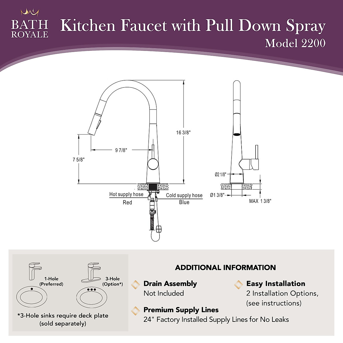 Bath Royale Modern Kitchen Faucet with Pull Out Spray - Single Control, All Metal, Stainless Steel