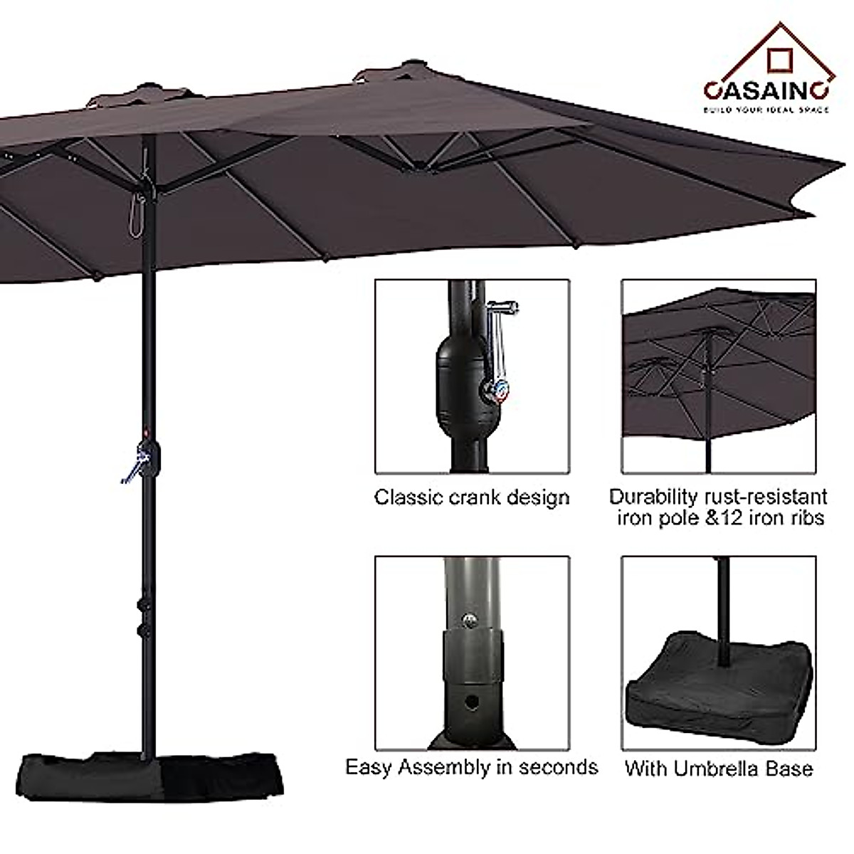 CASAINC 15 FT Patio Umbrella with Base Double-Sided Extra Large Outdoor Umbrella Market Rectangular Twin Umbrella w/Crank for Garden Deck Lawn Pool Backyard-Coffee (without Lights)