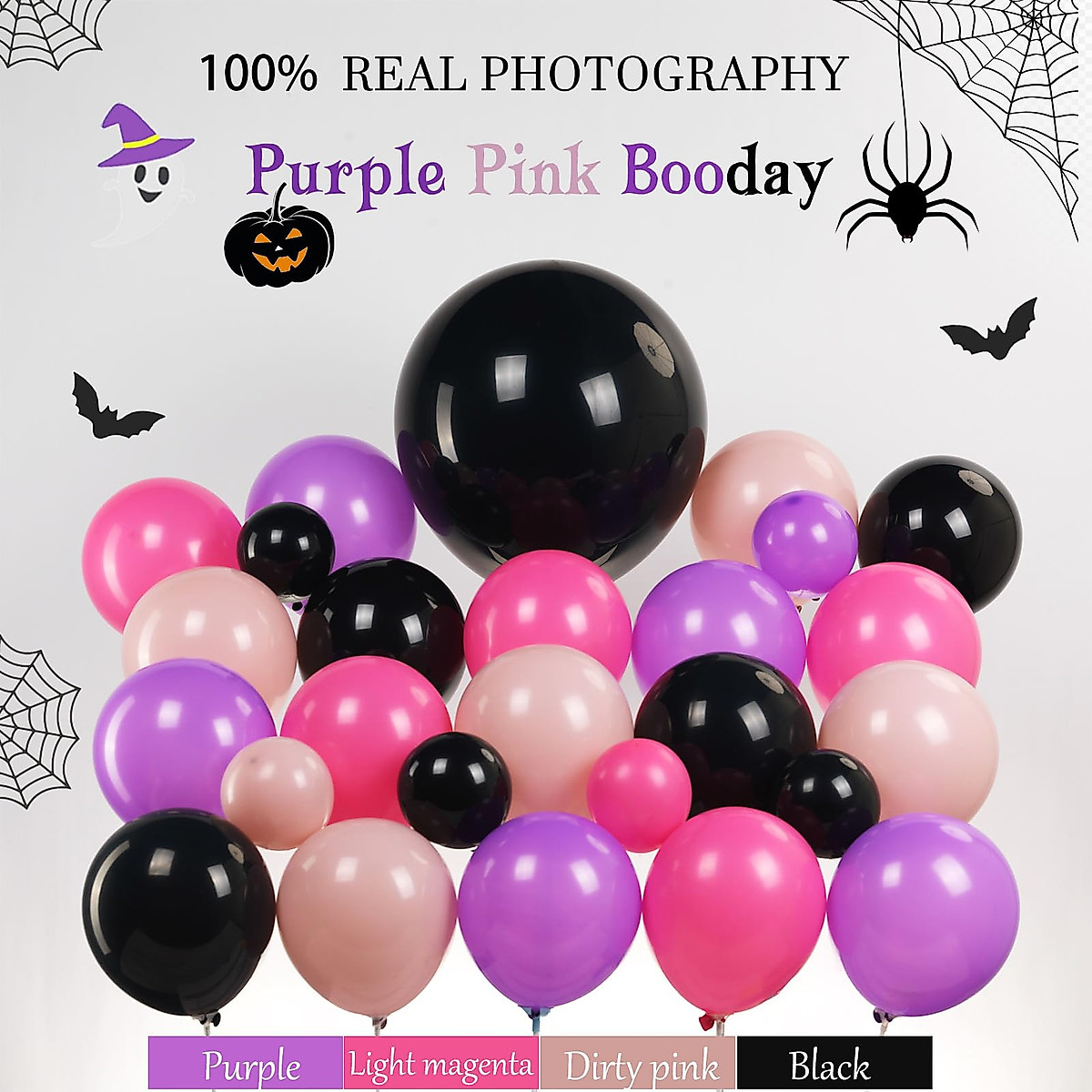 Pink Purple black Halloween balloon garland arch kit 130+pcs with BOO ghost bat DIY Spider mylar balloon for Halloween theme spooky one birthday Party & fall girl baby shower party decorations