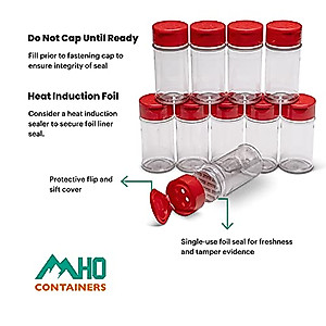 MHO Containers | 3.5oz Plastic Spice Jars with Lids and Foil Liners | Made in USA — Pack of 10 (Red)