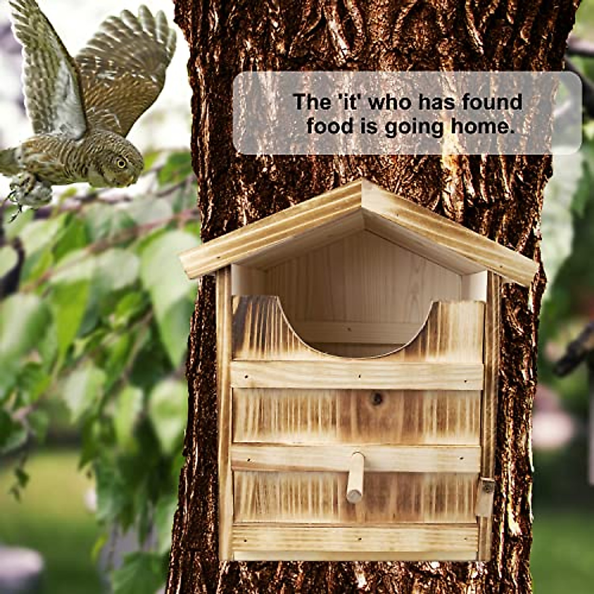 Owl House Hand Made with Bird Stand Design, Owl Nesting Box for Outside Large Handmade Wooden Rectangular Opening Owl Box Bird House with Mounting Screws and A Bag of Wood Shavings, Easy Assembly