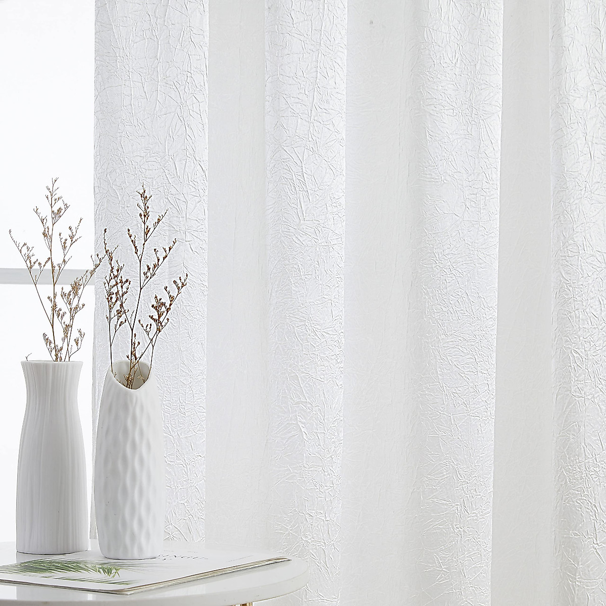 HLC.ME Bello Crushed Satin Semi Sheer Privacy Light Filtering Transparent Window Pocket Hole Curtains Drapery Panels for Bedroom & Living Room, 2 Panels (54 W x 84 L, White)