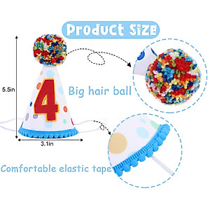 WAHAWU Baby 4th Birthday Party Handmade Hat, Primary Colors Confetti Cone Mini Hat with Multicolored Fur Balls, Stretchable Band, Fits Baby Girls/Boys, 3.5*3.1 inches, Costume Headwear