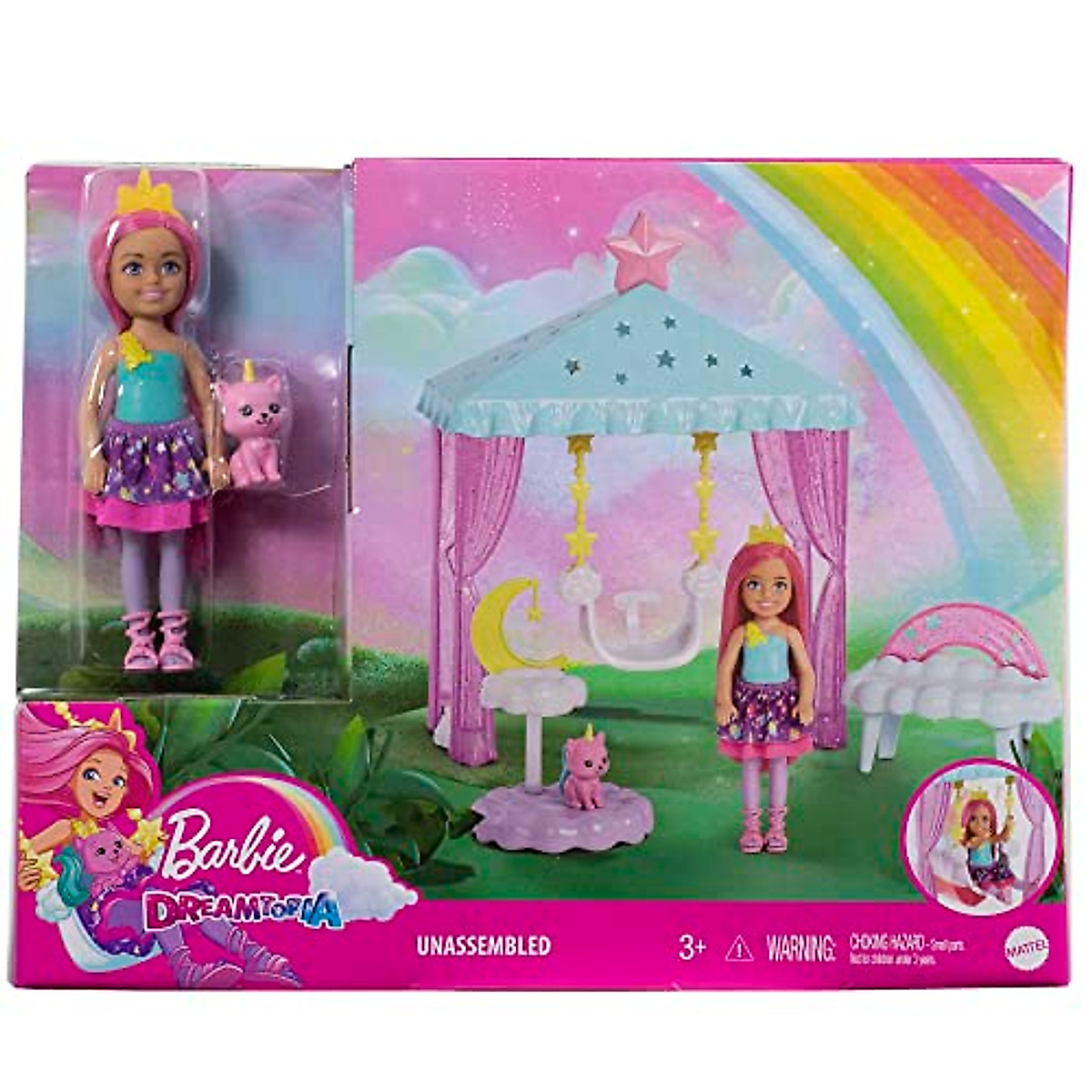 Barbie Dreamtopia Chelsea Doll and Playset, Small Doll with Cloud-Themed Gazebo Swing, Kitten and Accessories