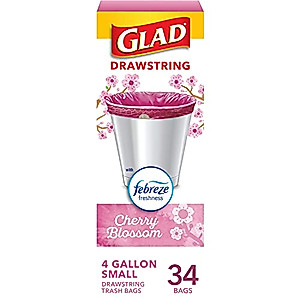 Glad OdorShield Small Drawstring Trash Bags, 4 Gallon Trash Bag, Febreze Cherry Blossom, 34 Count (Package May Vary)