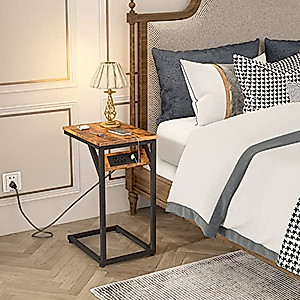 NONGSHIM Side Table, Slim C Shaped End Table with Charging Station, Small Snack Table for Living Room, Bedroom, Sofa Table with USB Ports and Outlets for Small Spaces, Rustic Brown