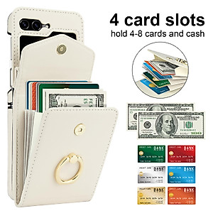 HianDier for Samsung Galaxy Z Flip 5 Case Wallet with Card Holder for Women with Crossbody Lanyard PU Leather Ring Kickstand Shockproof Protective Phone Case for Samsung Z Flip 5 Case, Beige