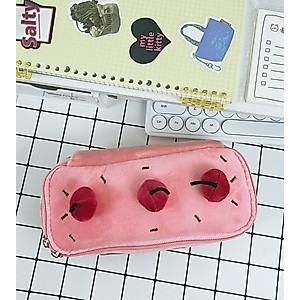 UNMULFC Plush Pencil Pouch for Adult for Women Fuzzy Pink Cherry Cake Kawaii Big Capacity Y2K Aesthetic Case Box holder Cute Estuche para lapices Organizer Cat Claw