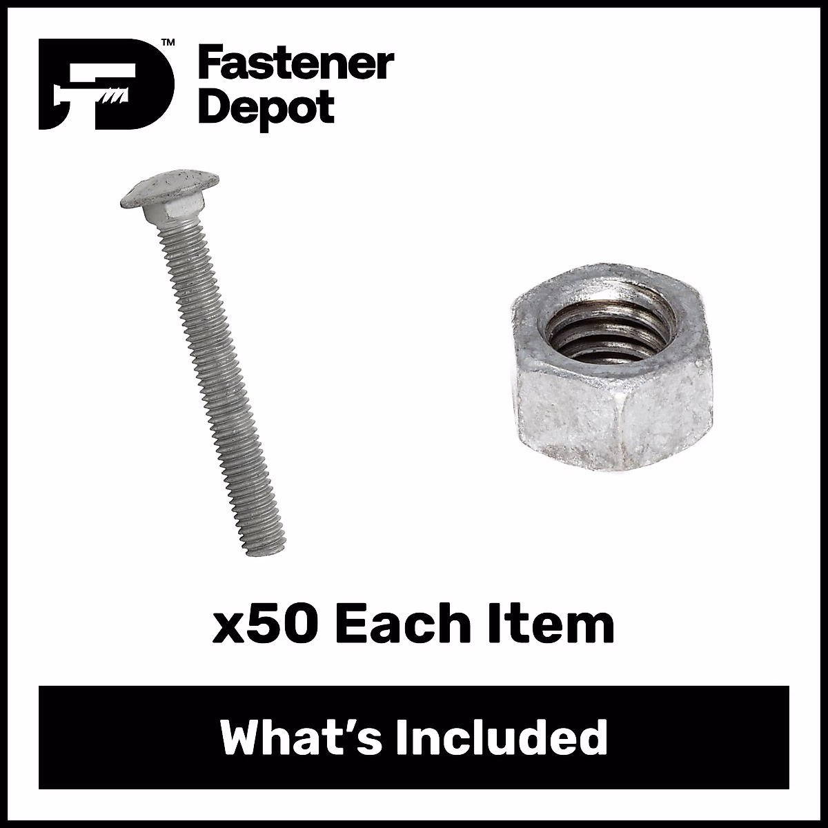3/8"-16 x 4 Hot Dipped Galvanized Carriage Bolt w/Nuts, Grade A, Full Thread, Quantity 50 - by Fastener Depot, LLC