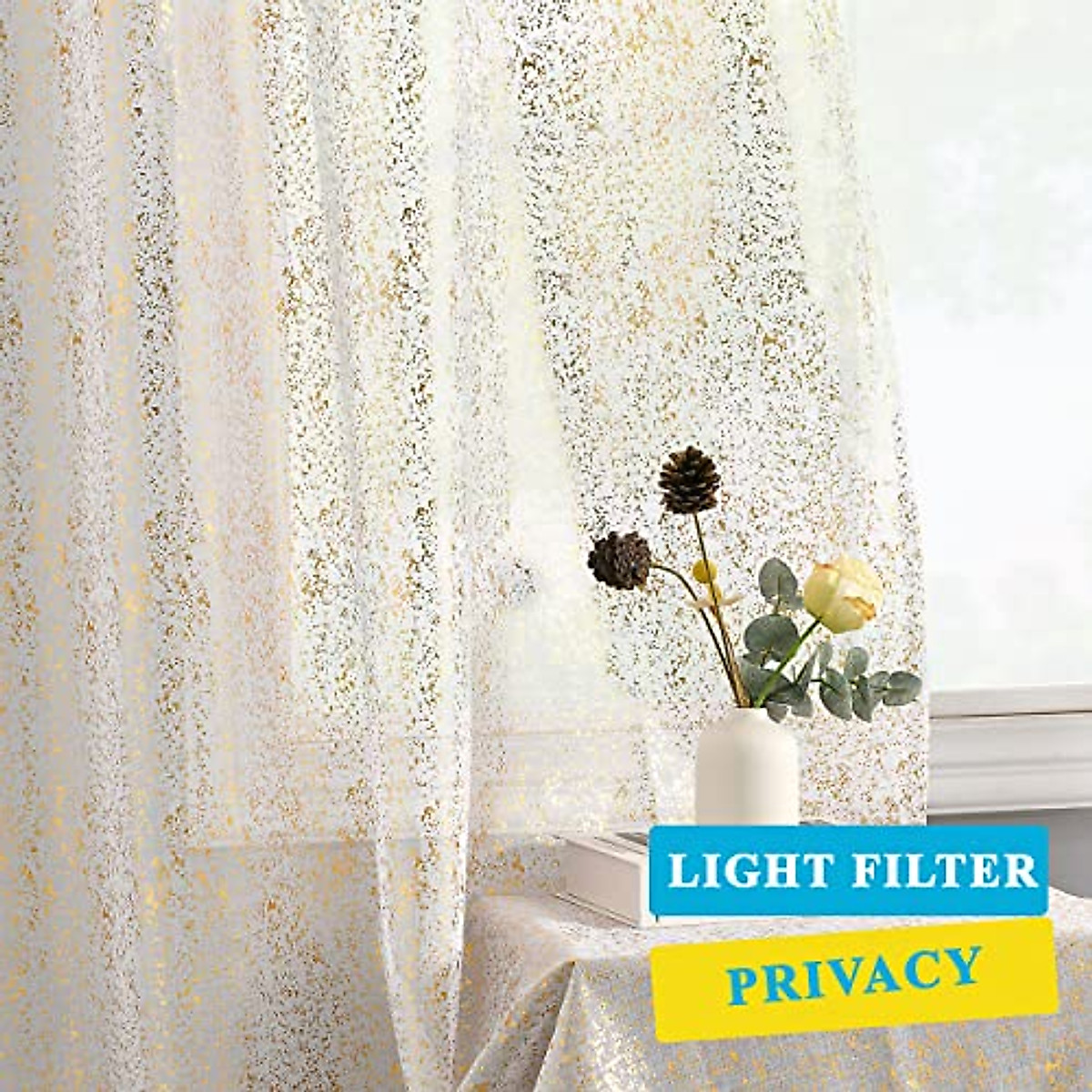 TERLYTEX Gold White Sheer Curtains 2 Panels, Metallic Gold Sheer Curtains 72 Inch Length, Rod Pocket Privacy Sparkle Glitter Gold Sheer Curtains for Living Room, 52 x 72 Inch, 2 Panels, Gold White