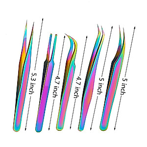 Generl Rainbow Tweezers Set for Eyelash Extensions Straight and Curved Stainless Steel Precision Tweezer for Lash Nail Art Ingrown Hair Craft Work 5 Pcs, 5 inches