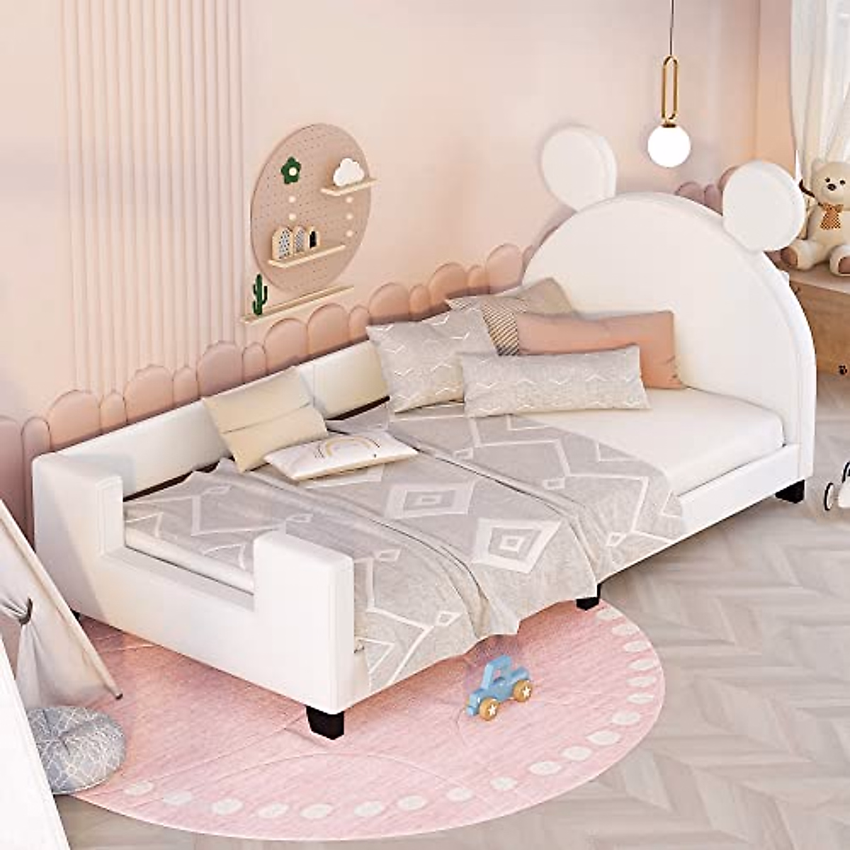 Mancofy Twin Size Cute Upholstered Daybed with Carton Ears Shaped Headboard, Wooden Twin Platform Bed Frame for Girls Boys, PU Leather Sofa Bed, Low Profile Single Bed (Round Ears White)