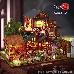Yuzhen DIY Miniature Dollhouse with Furniture and LED Lights, Japanese Style Wooden Mini-Restaurant Includes Dustcover and Music Movement, Exquisite Home Decor