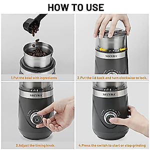 Secura Adjustable Coffee Grinder Electric, Spice Grinder Electric, Coffee Bean Grinder, Multipurpose Grinder for Spices, Herbs, Nuts, Grains with 1 Stainless Steel Blades Removable Bowl, Grey