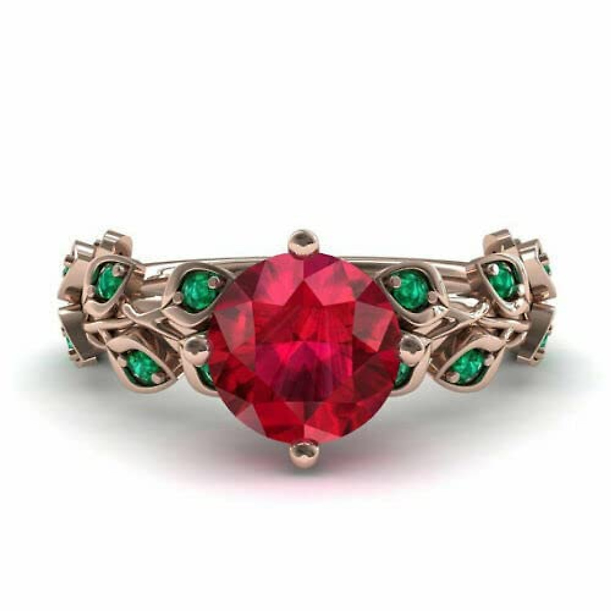 2 Carat Round Shape Simulated Red Ruby and Green Emerald Filigree Wedding Engagement Ring In 14K Rose Gold Plated 925 Sterling Silver Gift for Womens Ring Size - 7