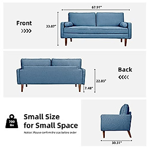 Koorlian 68 inch Dark Blue Couch, Modern Linen Fabric, Button Tufted Seat Cushion, Upholstered Loveseat with Square Armrest, 2 Throw Pillows, Small Sofa for Small Space, Apartment, Dorm, Easy Assembly