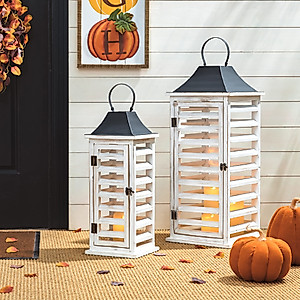 Glitzhome Farmhouse Wood Metal Candle Lanterns Tall Vintage Decorative Candle Holders Set of 2 Shutter Style Distressed Floor Lanterns Rustic Outdoor Lantern for Wedding Garden, Wash White, No Glass