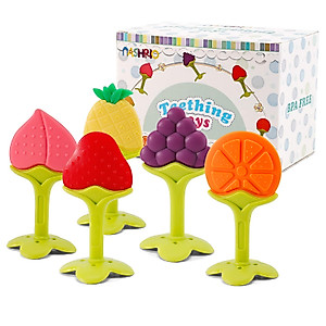 NASHRIO Baby Teething Toys Pack of 5 - Silicone BPA Free Natural Organic Freezer Safe Teethers for Newborn Infant, Soft & Textured - Babies Shower Gift