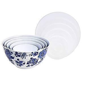 Amazon Basics Nesting Melamine Mixing Bowl with Lid and Non-Slip Base, 5 Sizes, Blue and White Floral - Set of 10, 4 quarts