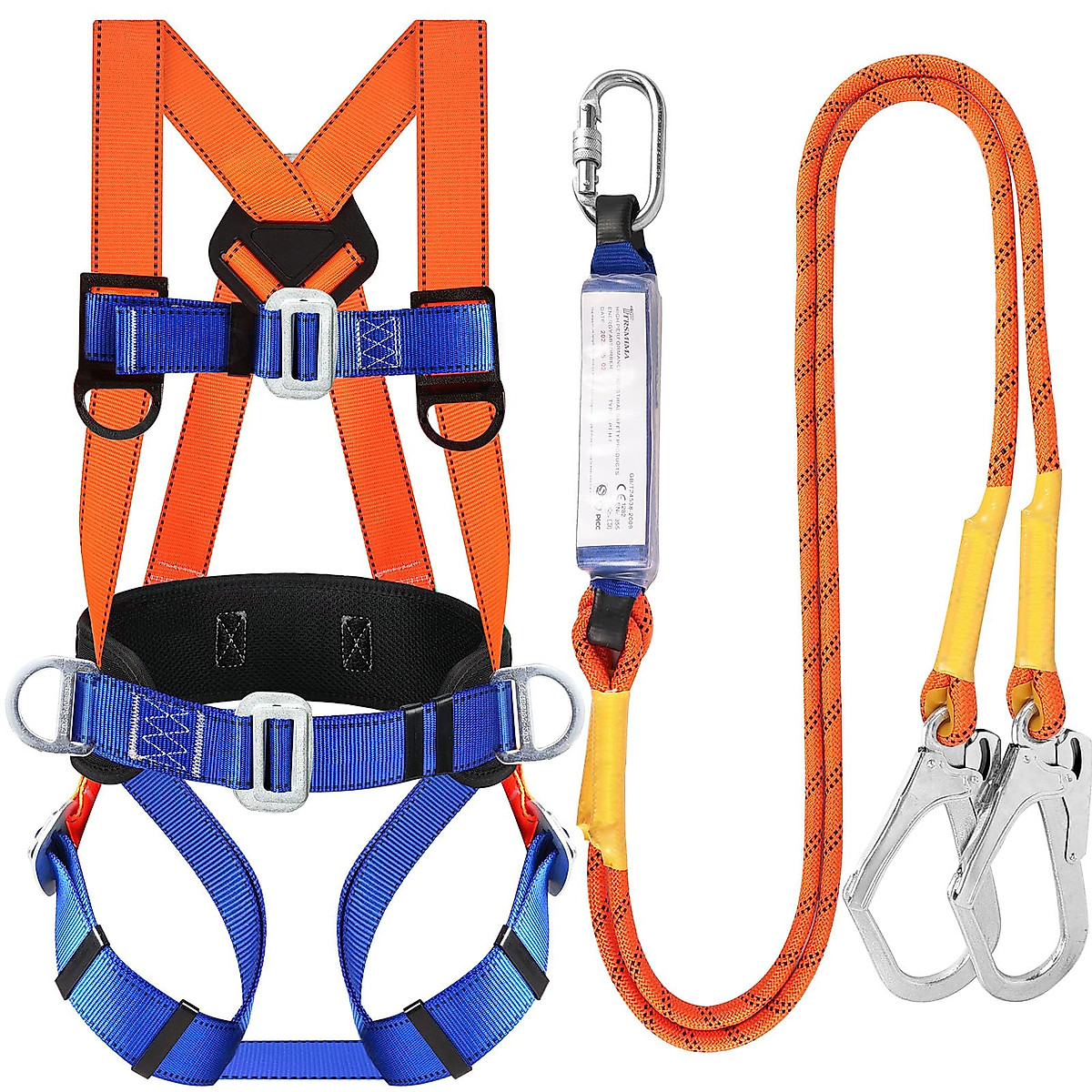 TT TRSMIMA Safety Harness Fall Protection Kit: Full Body Roofing harnesses with Shock Absorbing Lanyard - Updated Comfortable Waist Pad