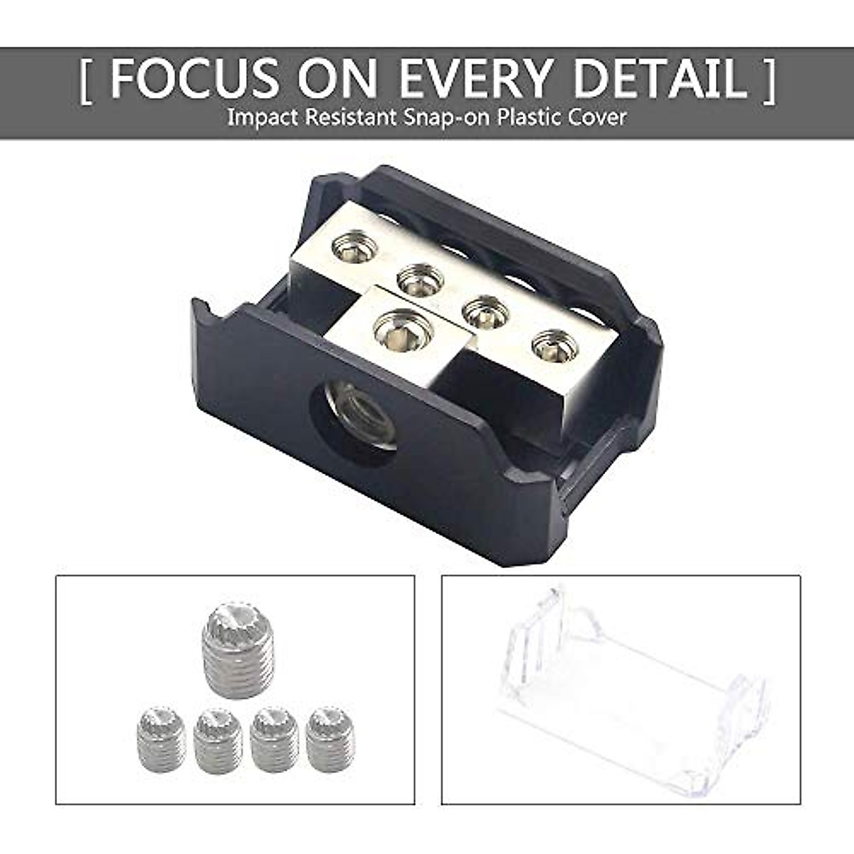 RKURCK 4 Way Power Distribution Block, 0/2/4 AWG Gauge in, 4/8/10 Gauge Out, Car Audio Stereo Amp Distribution Connecting Block for Audio Splitter (1 in 4 Out) 2 Pack