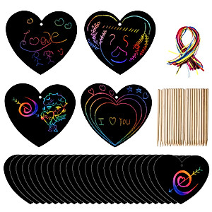 KINBOM Valentines Day Scratch Paper, 30pcs Rainbow Magic Art Set with Ribbons Wood Stylus Heart Shape Color Drawing Paper Kit Kids Craft for Valentines Gift DIY Decoration