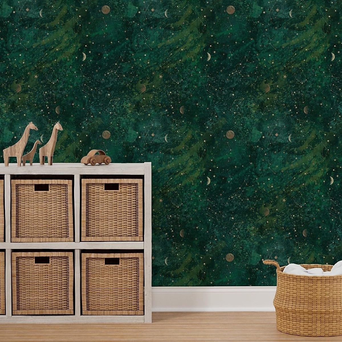 Peel & Stick Wallpaper 3ft x 2ft - Dark Green Moon Stars Bohemian Star Night Celestial Custom Removable Wallpaper by Spoonflower