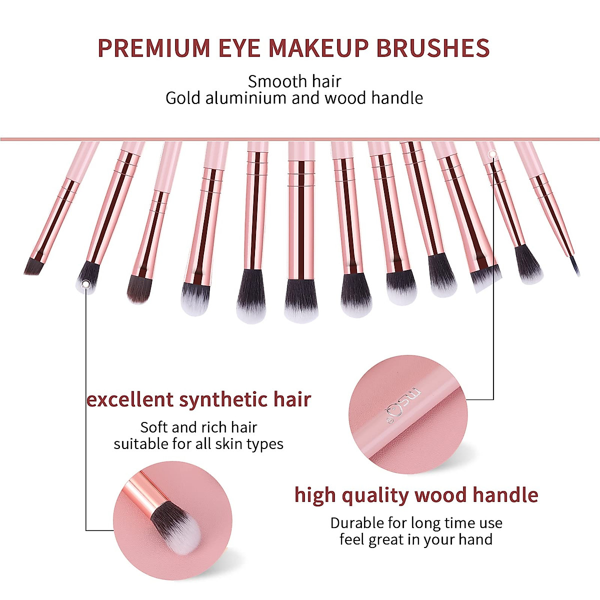 MSQ Eye Makeup Brushes Set with Soft Synthetic Hairs & Real Wood Handle for Eyeshadow, Eyebrow, Eyeliner, Blending (Pink), 12pcs