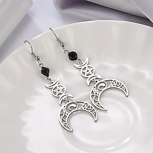 TEAMER Stainless Steel Crescent Goddess Black Birthstone Witches Knot Earrings Triple Moon Wicca Pentagram Gothic Celtic Knot Drop Earrings (Triple Moon - Steel)