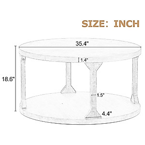 P PURLOVE Round Rustic Coffee Table, Wood Storage Shelf for Living Room with Dusty Wax Coating 35.4 Inch, Grey Wash