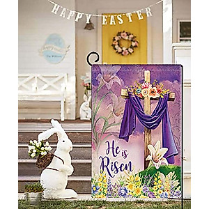 EKOREST Easter He is Risen Garden Flag 12x18 Inch Double Sided,Religious Cross He is Risen with Lily,Small Spring Yard Flag for Outside Farmhouse Seasonal Holiday Outdoor Decor