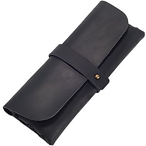 GORGECRAFT Retro Black Crazy Horse Leather Pencil Case Genuine Leather Snap Cover Pen Cases Large Capacity Leather Pencil Pouch Vintage Holders for Pen Pencils Men Women Glasses Sunglasses