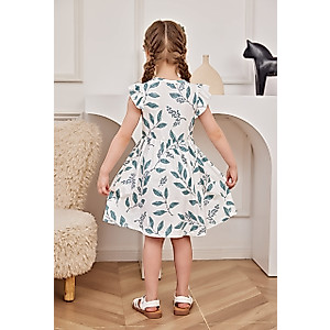 PATPAT Toddler Girl Dress Little Girls Ruffle Sleeve Casual Sundress Leaf Print A-Line Dress White 18-24 Months