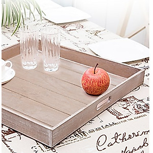 MyGift Rustic Brown Wood Large Ottoman Tray with Handles, 19 x 19 inch Decorative Serving Tray for Breakfast in Bed, Tea, Coffee