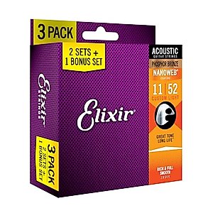Elixir Strings, Acoustic Guitar Strings, Phosphor Bronze with NANOWEB Coating, Longest-Lasting Rich and Full Tone with Comfortable Feel, 6 String Set, 3 Pack, Custom Light 11-52