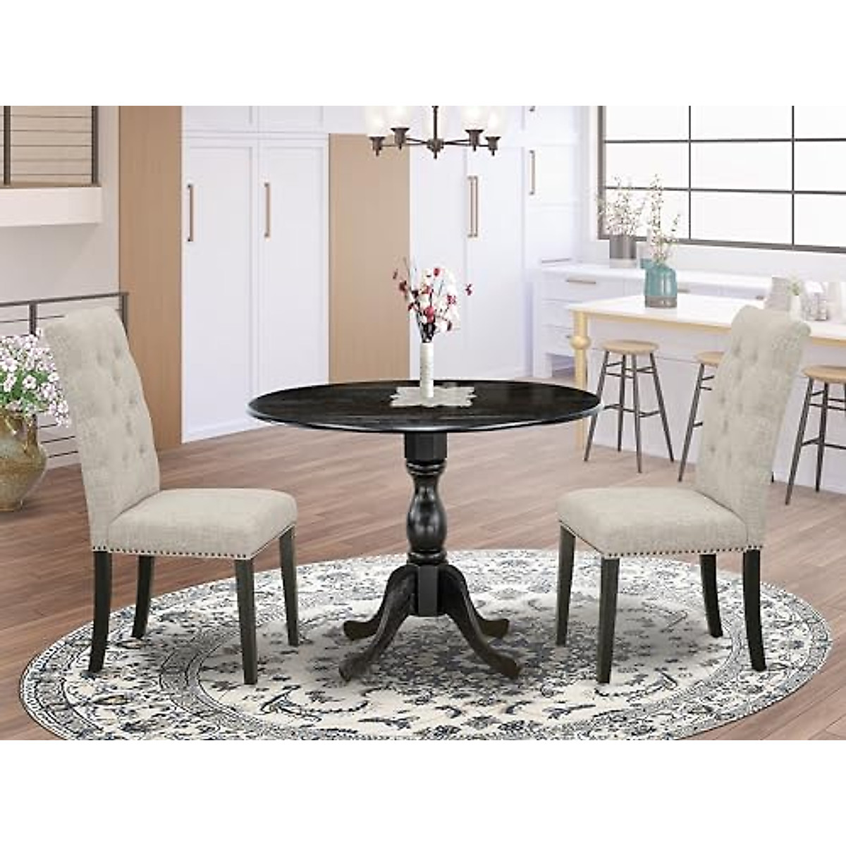 East West Furniture DMEL3-ABK-35 3 Piece Dinette Set for Small Spaces Contains a Round Dining Table with Dropleaf and 2 Doeskin Linen Fabric Parsons Dining Chairs, 42x42 Inch, Wirebrushed Black