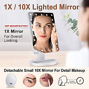 COSMIRROR Lighted Makeup Vanity Mirror with 10X Magnifying Mirror, 21 LED Lighted Mirror with Touch Sensor Dimming, 180°Adjustable Rotation, Dual Power Supply, Portable Cosmetic Mirror (White)