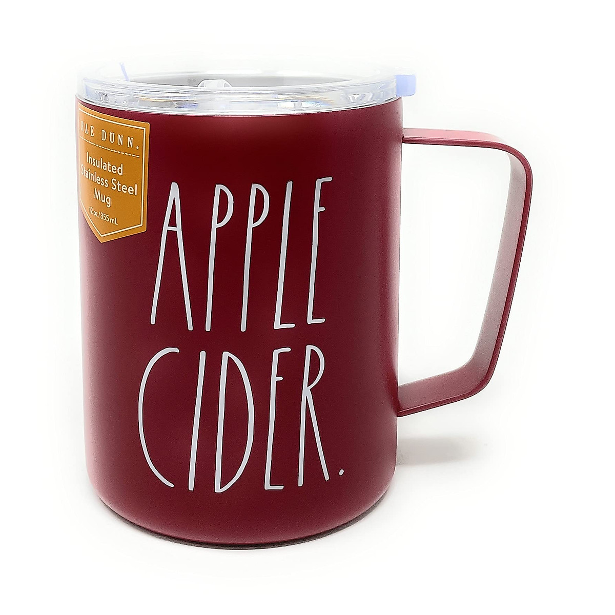 Rae Dunn APPLE CIDER 12 Ounce Maroon Red Color Insulated Stainless Steel Cup Mug With Clear Lid