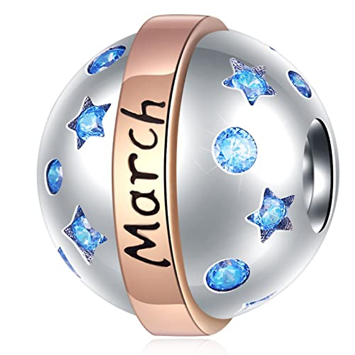 March Birthstone Charms fit Pandora Birthday Bracelet Necklace, 925 Sterling Silver Pave Aquamarine CZ Birth Stone Ball Beads with Little Stars, Gifts for Mom/Dad/Grandma
